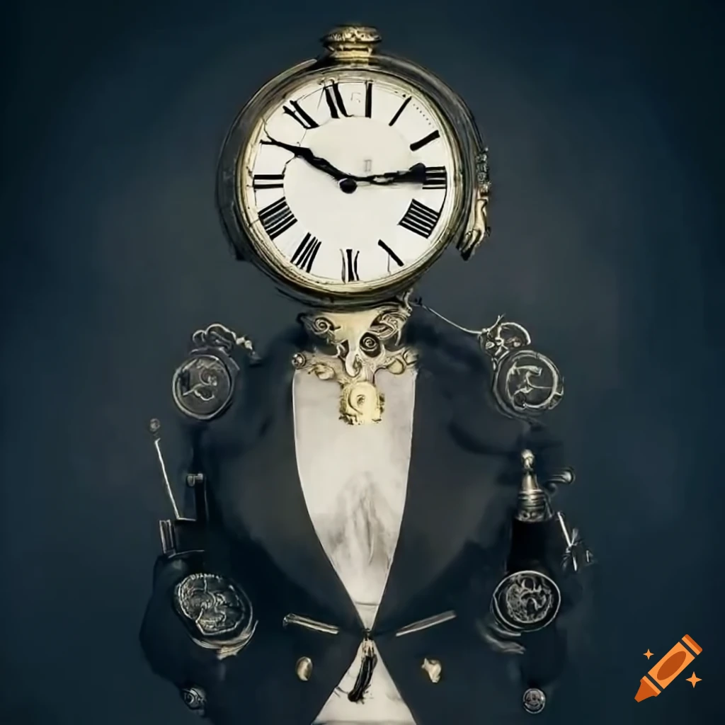 Surreal female figure with clock head and antique waist coat on Craiyon