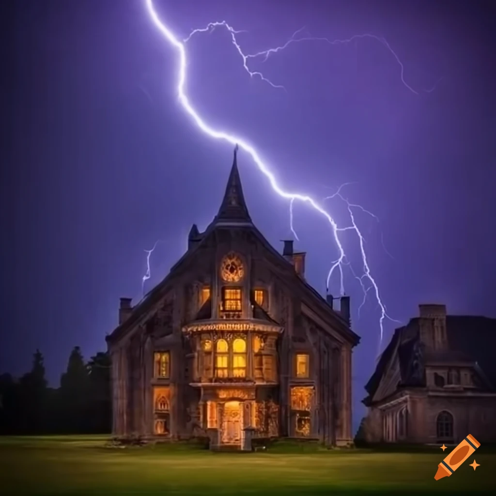 Gothic country house at night during a lightning storm on Craiyon
