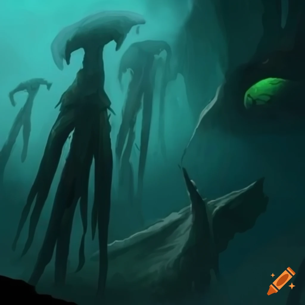 Eldritch entity standing in an underground lake on Craiyon