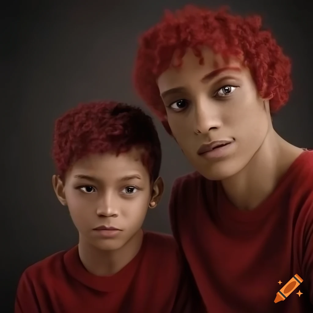 Portrait of a man with maroon hair and his brothers in the living room ...