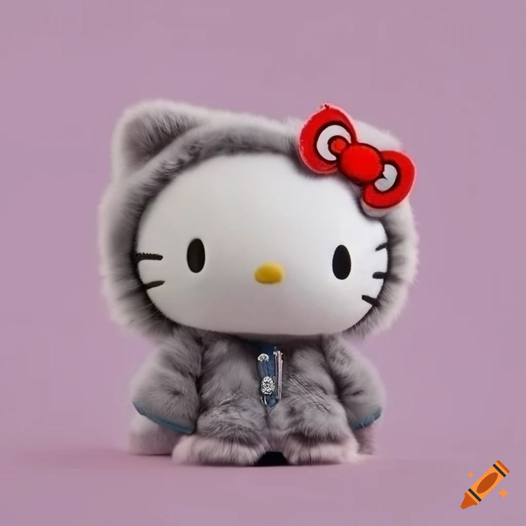 Hello Kitty wearing a grey fur jacket on Craiyon