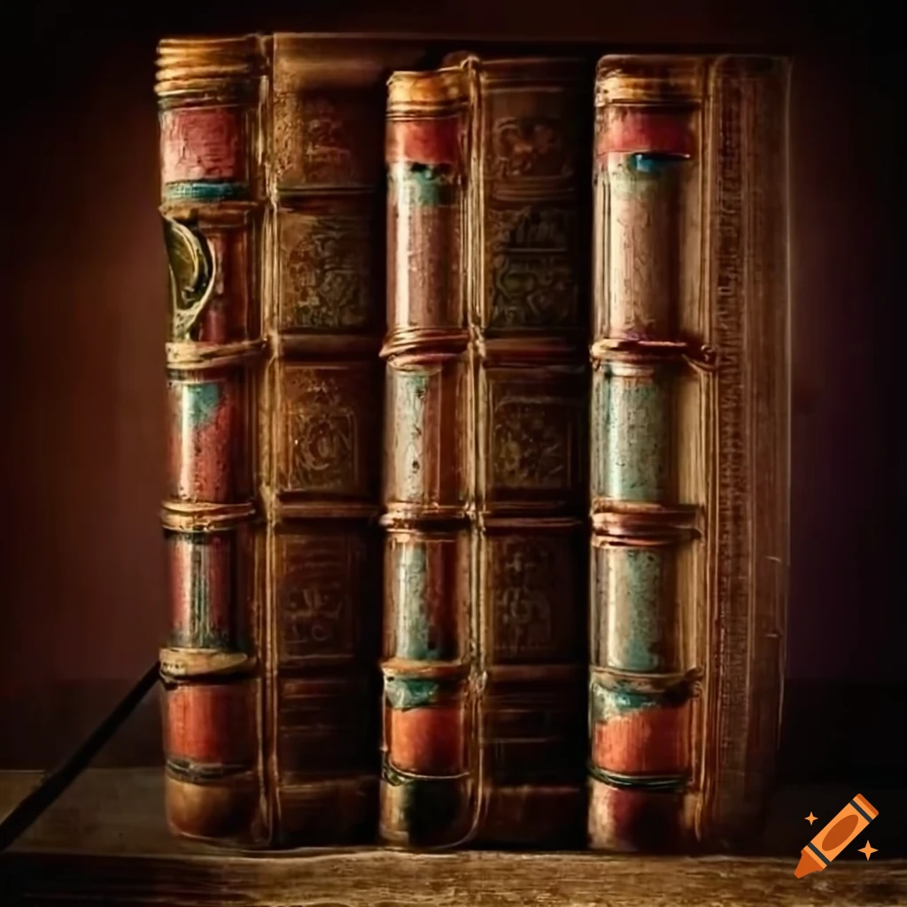 Row of colorful antique vintage books with detailed spines on Craiyon
