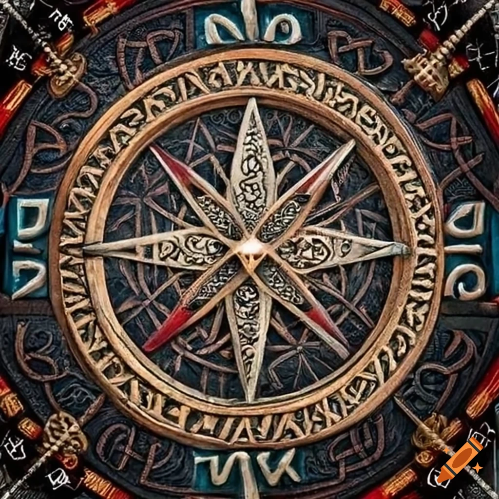 Intricate viking-style compass with traditional symbols on Craiyon