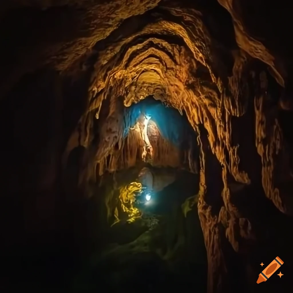 Aerial view of an ancient cave with hidden treasures and underground ...