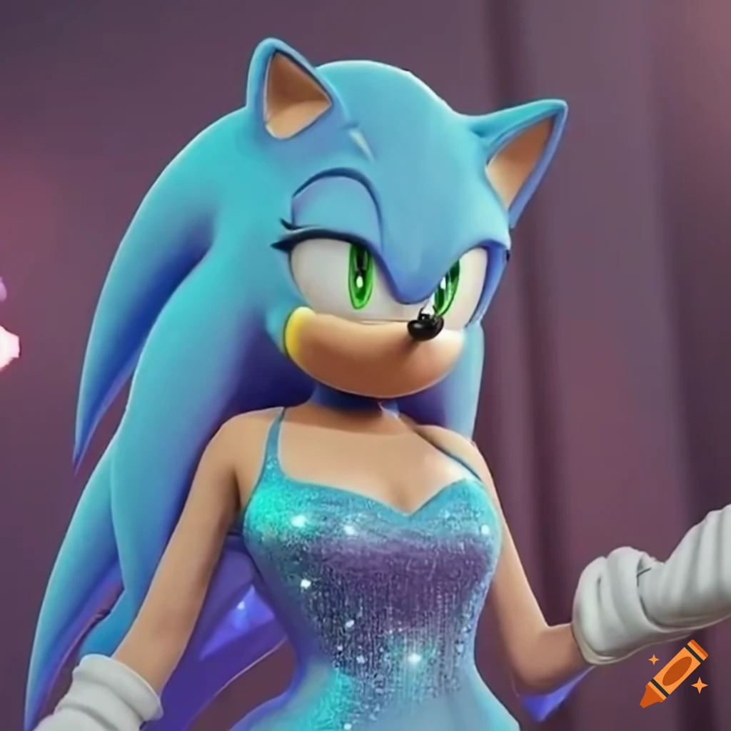 Female Sonic the Hedgehog in a sparkly blue mini dress on stage on Craiyon