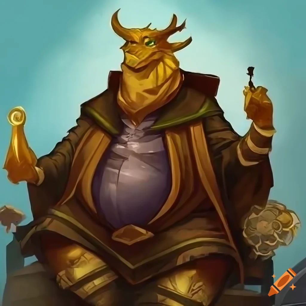 Artwork of an obese gold dragonborn professor in a cloak sitting in a ...