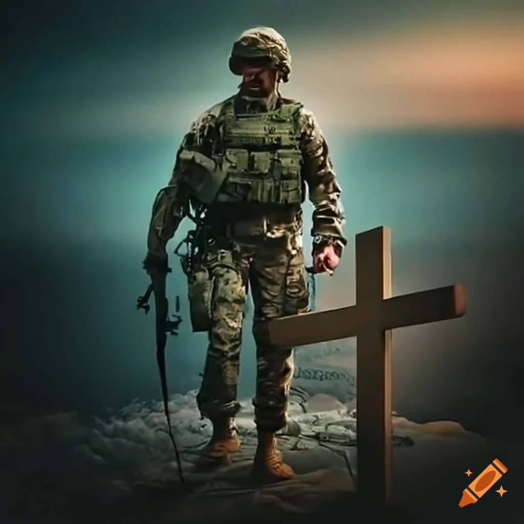 Soldier paying respects at a white cross for fallen comrade on Craiyon