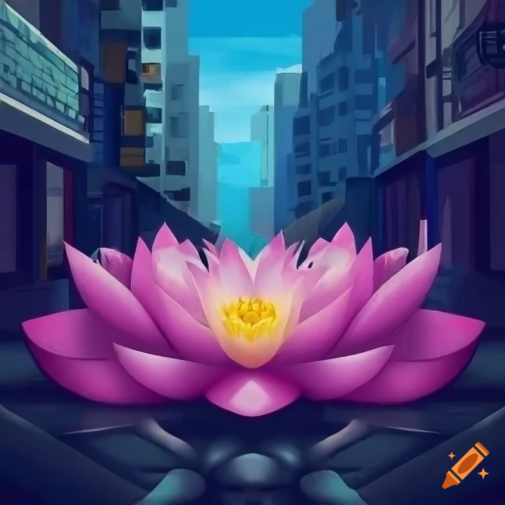 Hyper realistic picture of lotus flowers in a city street with a ...
