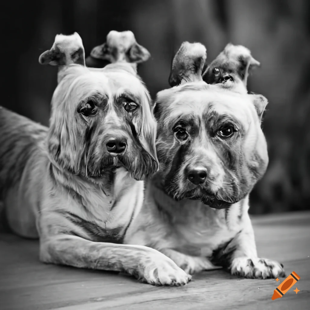 Vintage black and white photo of an eight-legged two-headed dog on Craiyon
