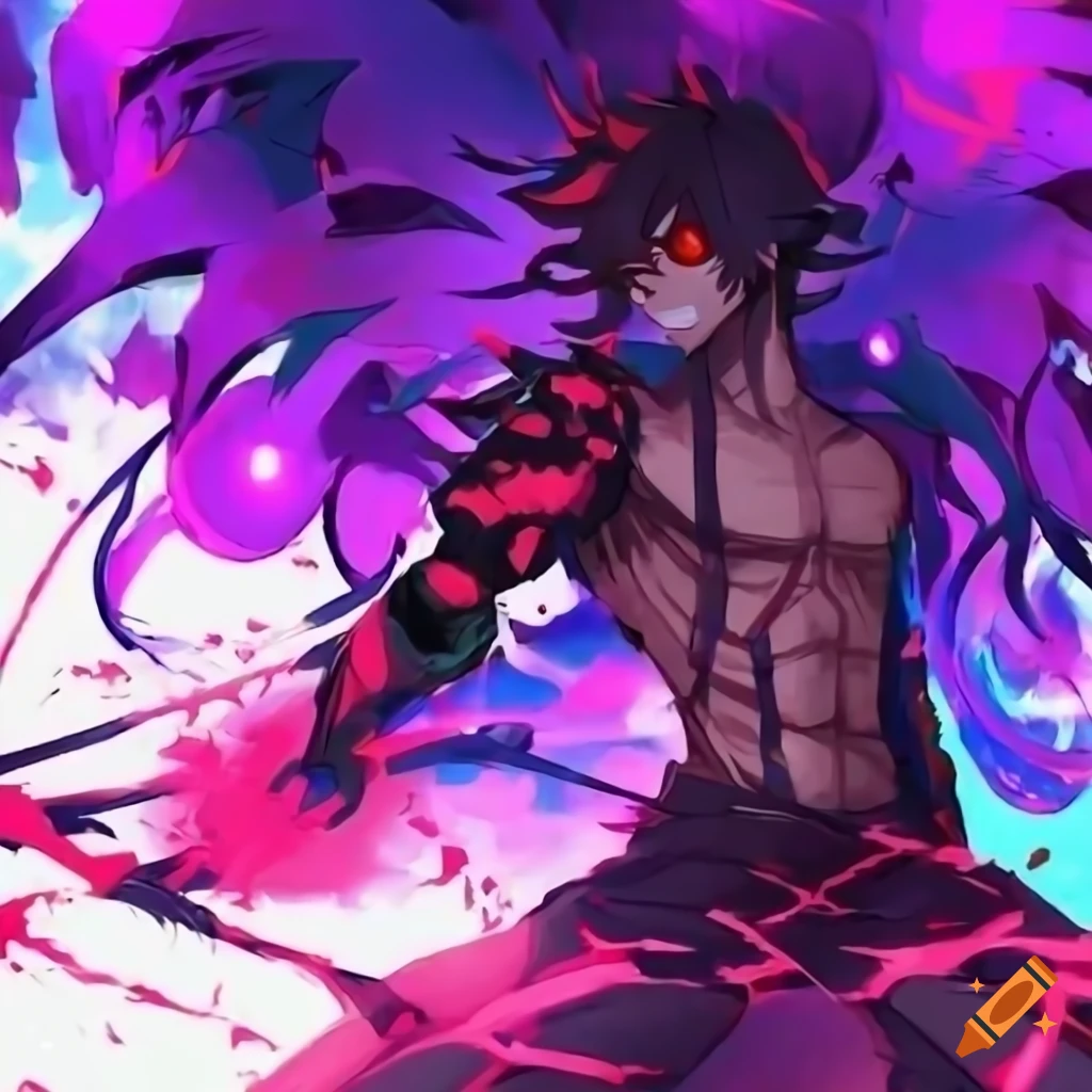 Epic anime art of a flamboyant demon guy with dynamic background on Craiyon