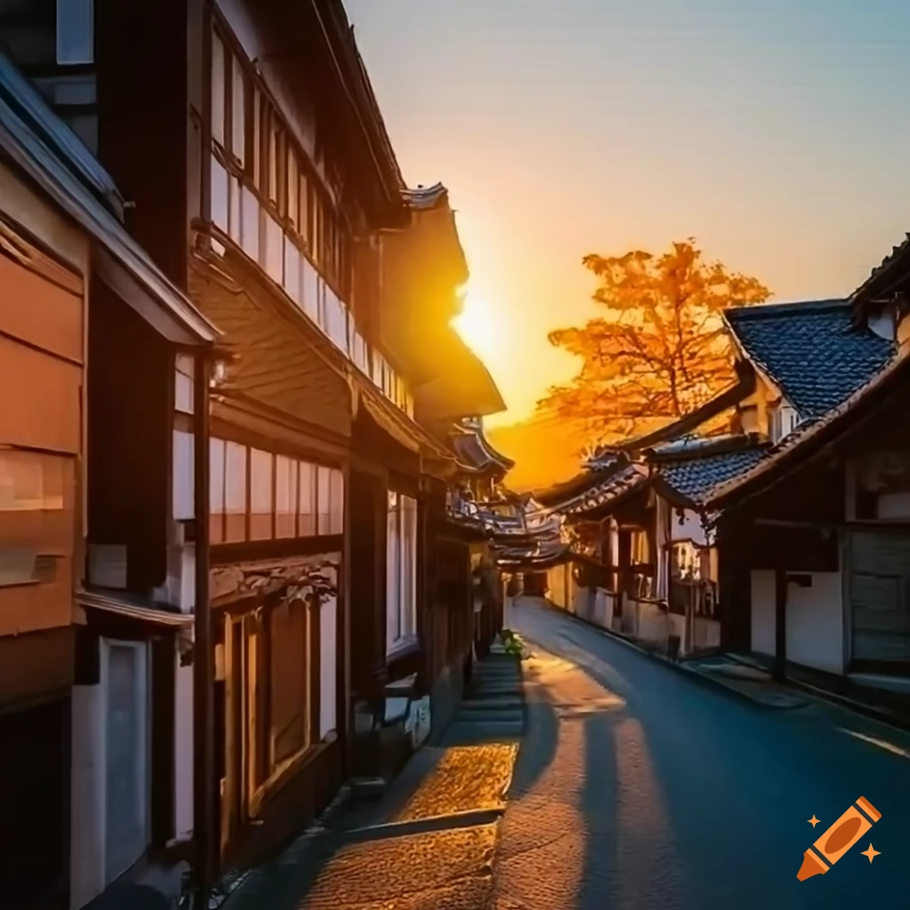 Late summer morning in a rural Japanese town with traditional buildings ...