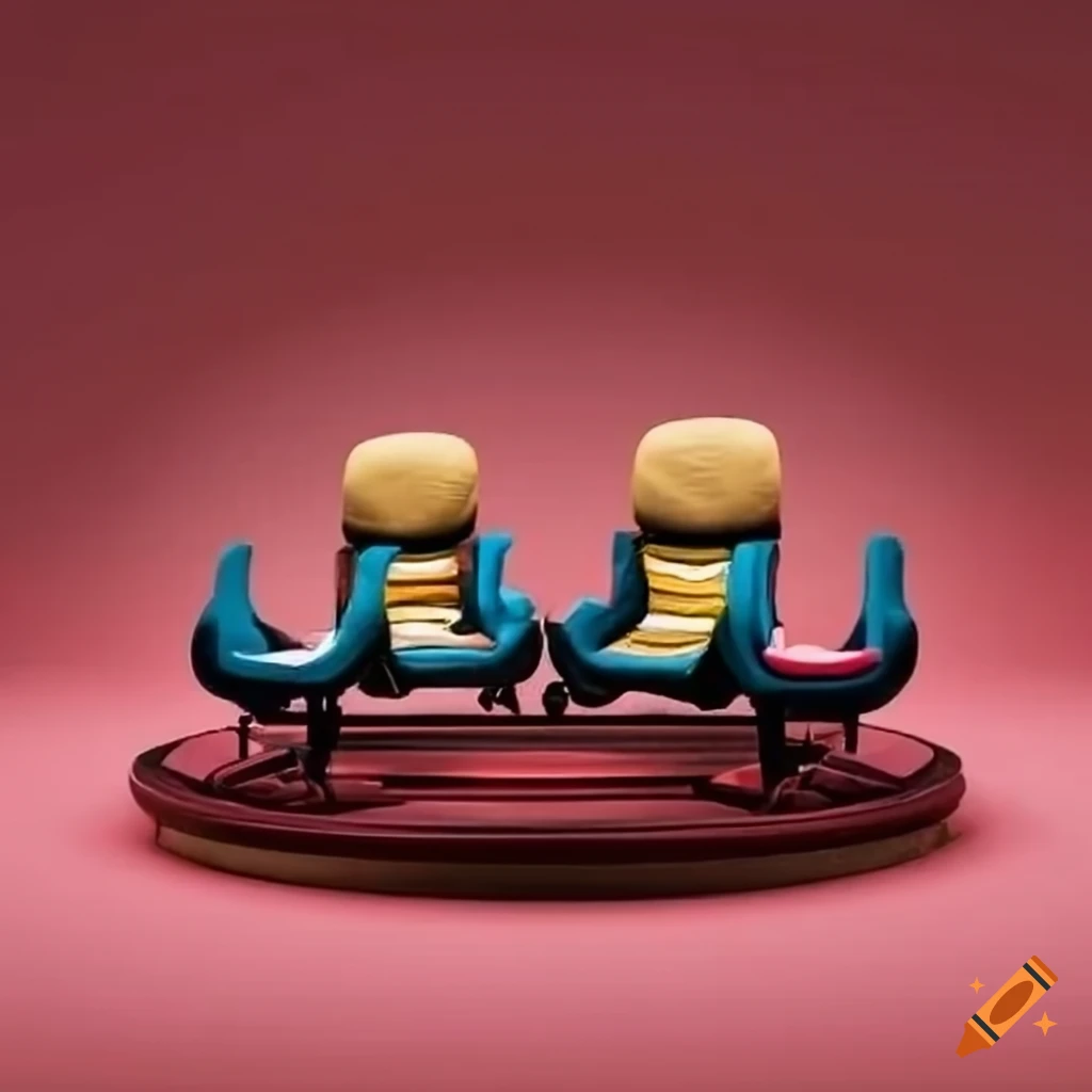 Four car seats on a circular platform with a round cover on a pole on ...