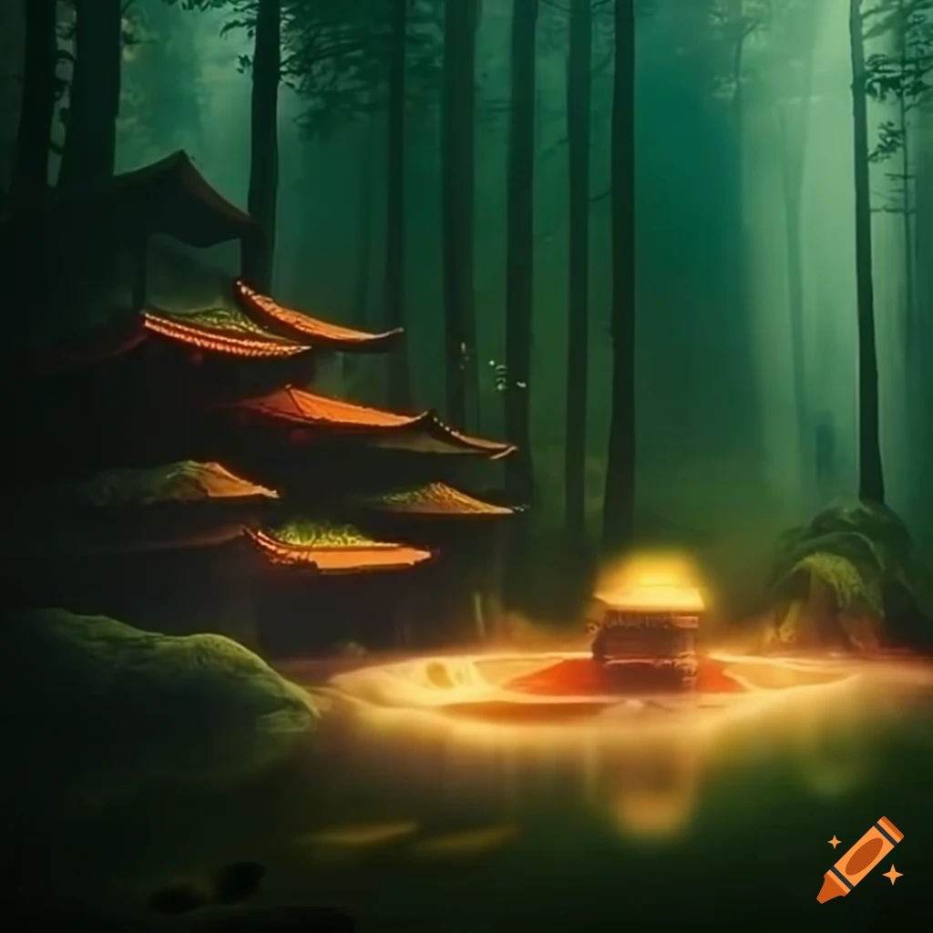 Zen forest, hot spring, white sand beach, steam, pagoda on Craiyon