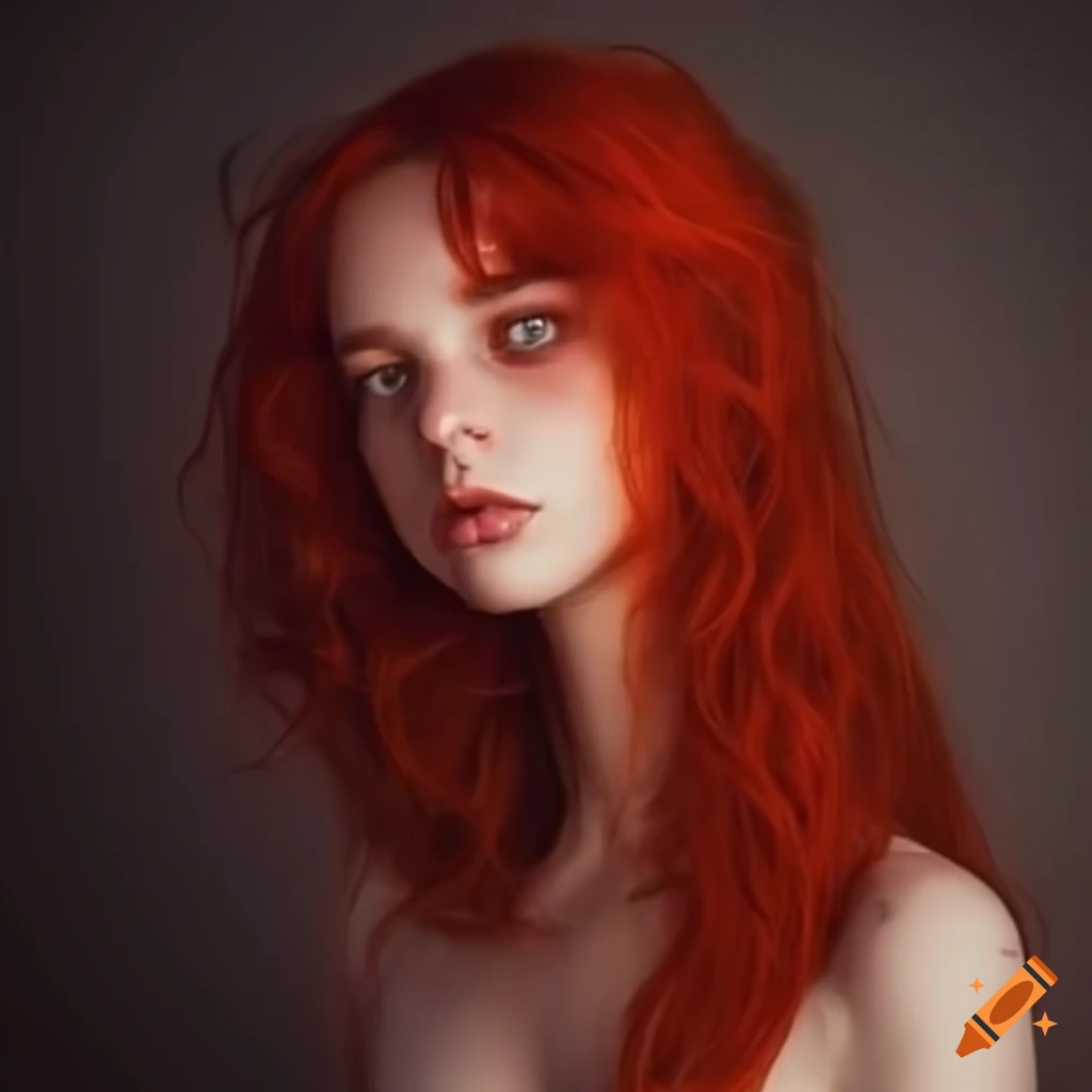 Character art of a shy woman with red hair on Craiyon