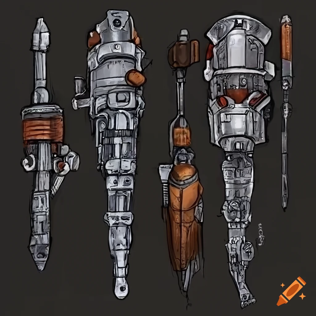 Dieselpunk weapon prosthetics for arms on Craiyon