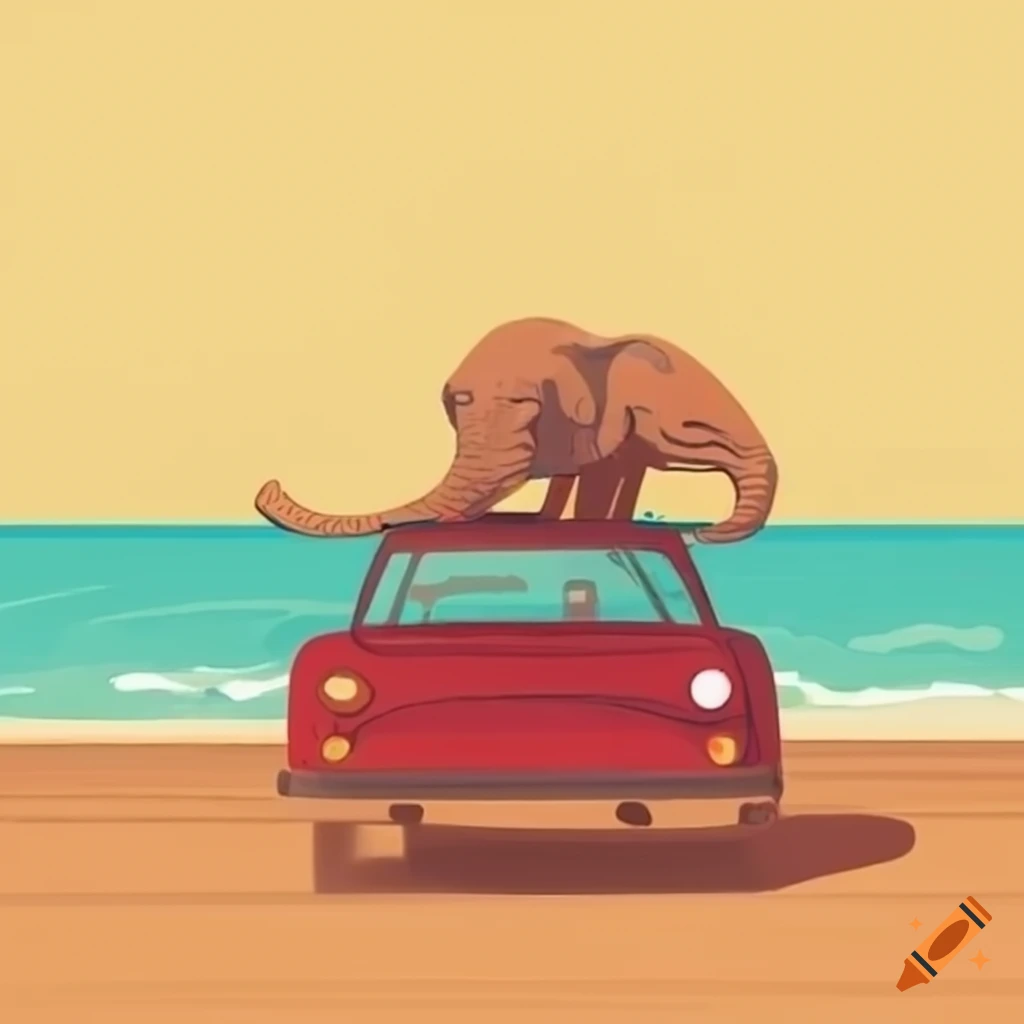 Elephant driving car at the beach in abstract style on Craiyon