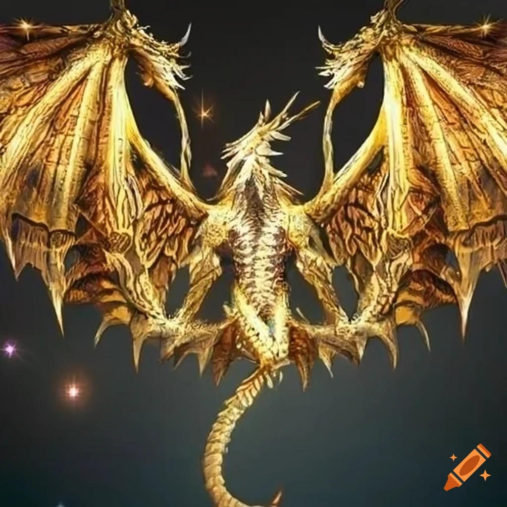 Celestial dragon with unfolded gold wings and stars on Craiyon