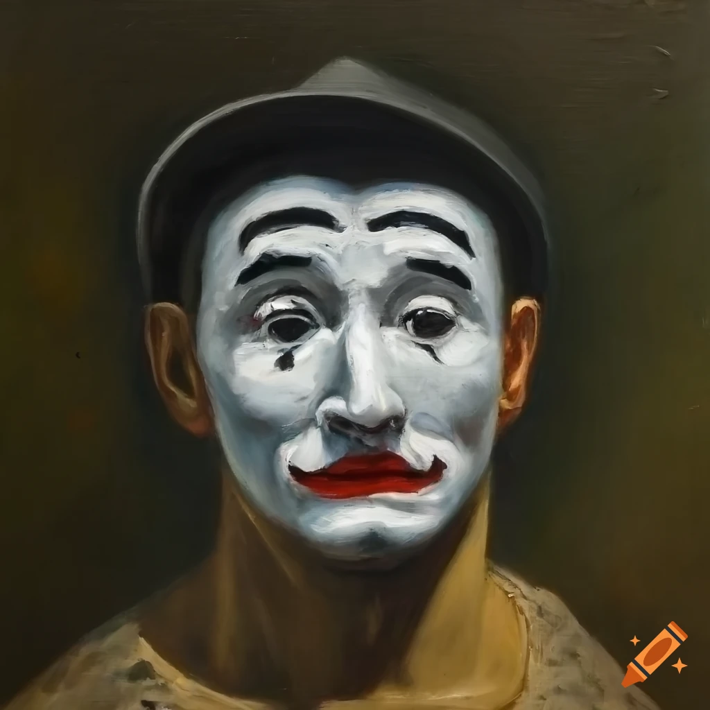 Grotesque oil painted portrait of a sad mime in renaissance style art ...
