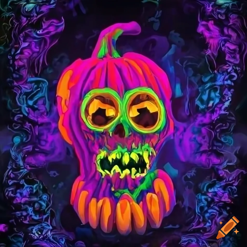 Psychedelic zombie Jack o lantern with vibrant background on Craiyon