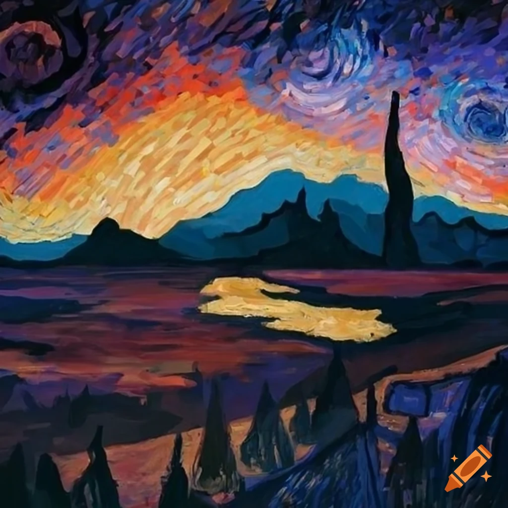 Van gogh-style sunset silhouette of mountains on Craiyon