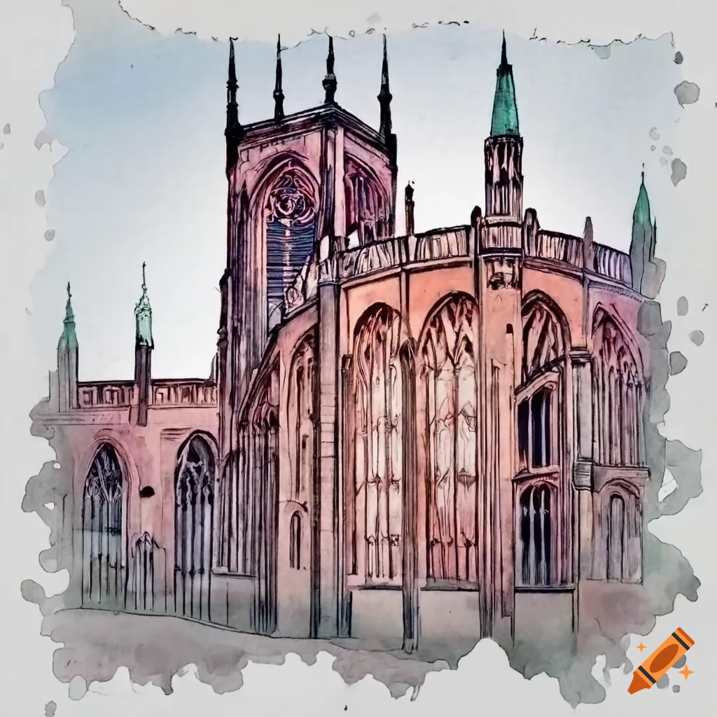 Detailed black and white pencil drawing of historic Coventry Cathedral ...