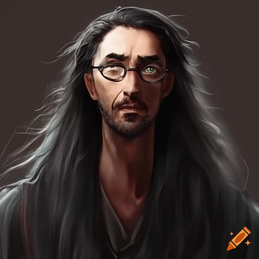 Middle-aged professor with long messy black hair clean-shaven on Craiyon