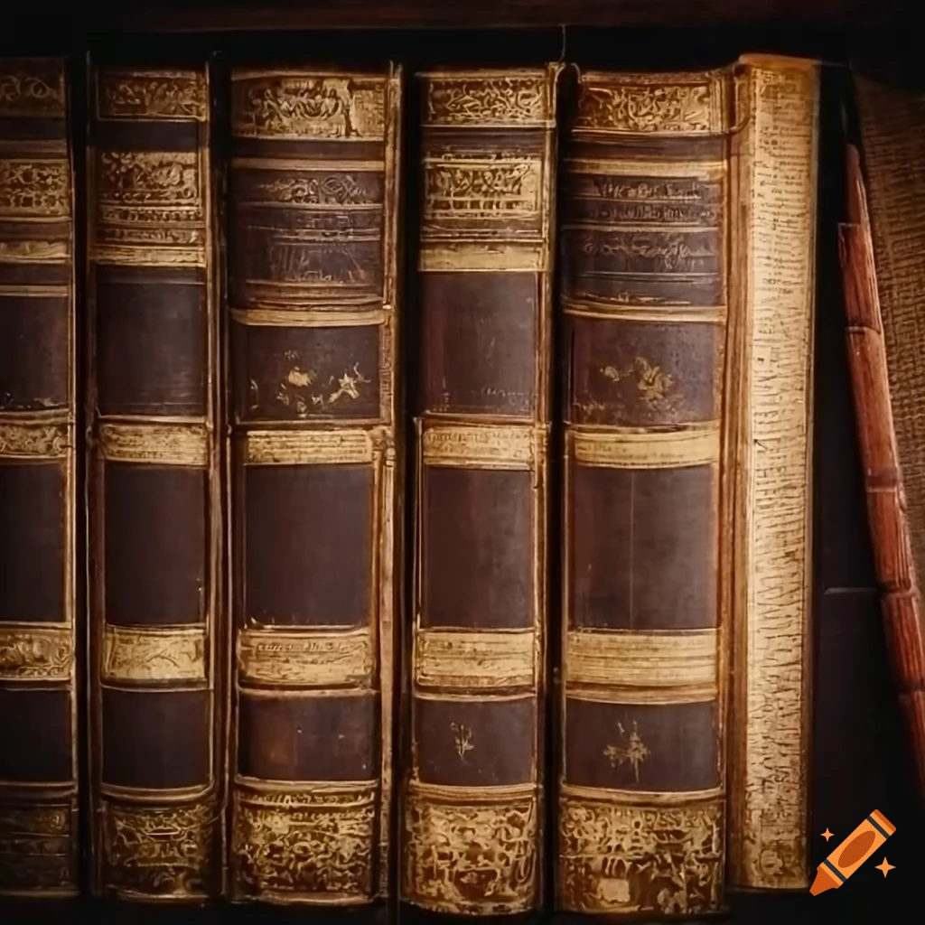 Row of antique vintage books with detailed spines on Craiyon