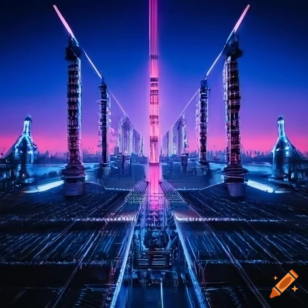 Futuristic pylons and buildings with neon lights in a sci-fi dystopian ...
