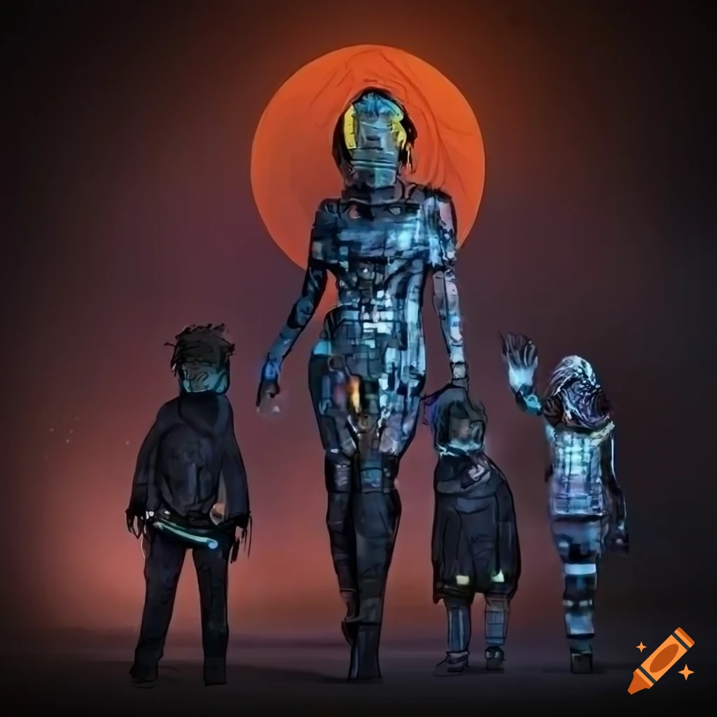 Digital illustration of a biopunk family in a futuristic biopunk ...