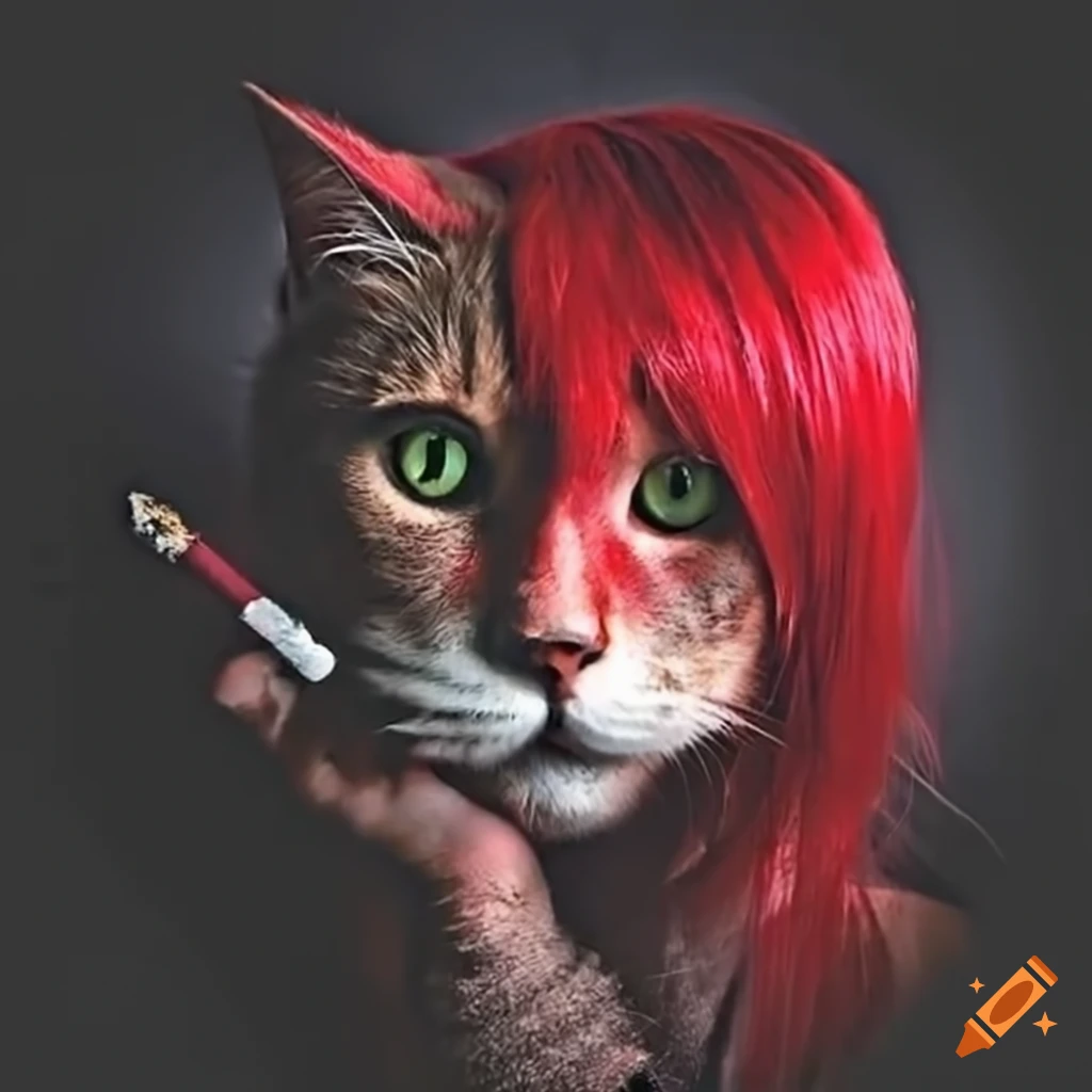 Cat with red wig appearing moody and smoking on Craiyon