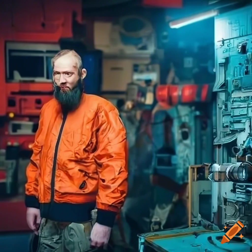 Sci-fi technician with a gruff beard working in a hi-tech workshop on ...