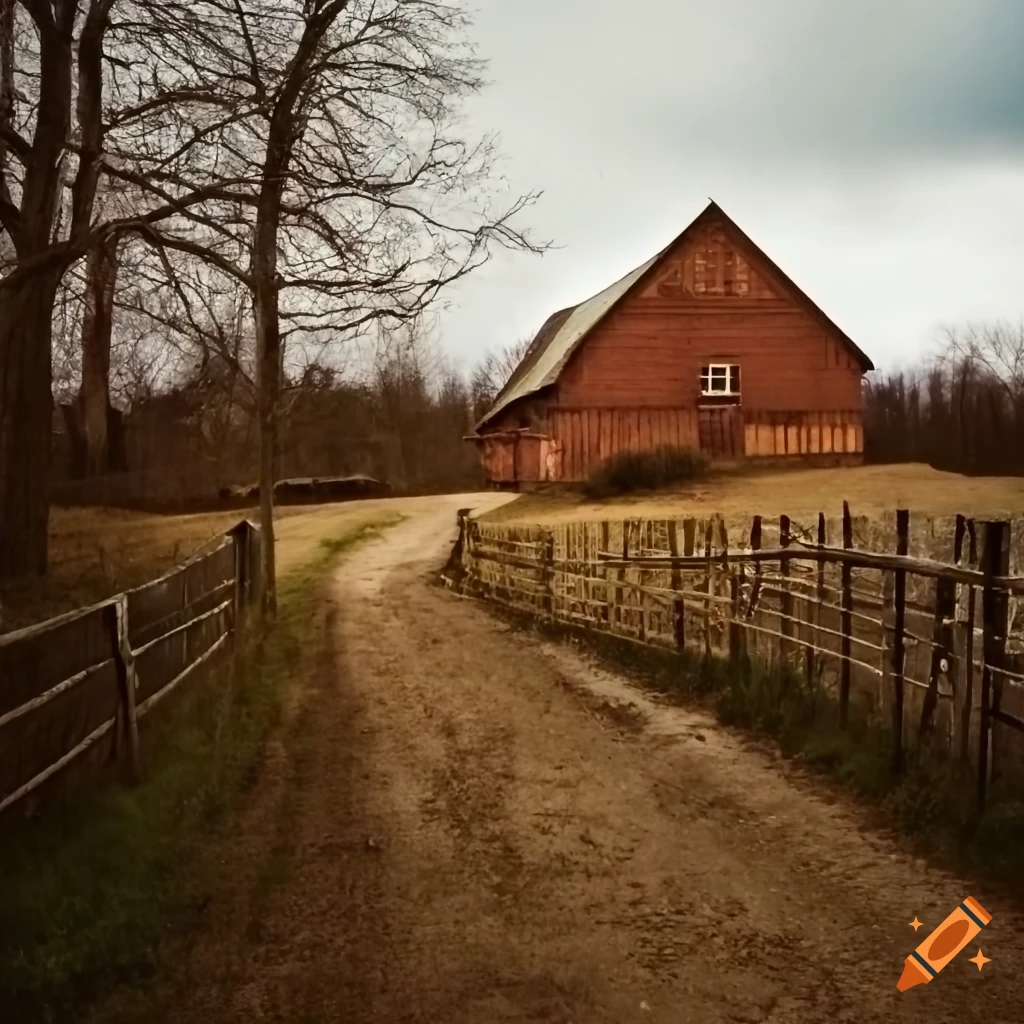 1890s farmhouse with barn, woods, and fields on Craiyon