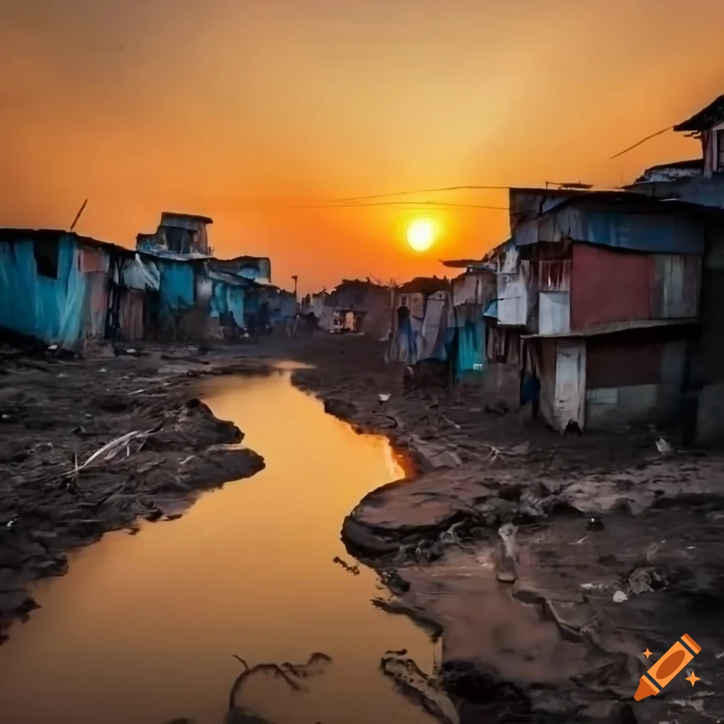 Sunset over a slum area in Bangladesh with a bending stream in the ...