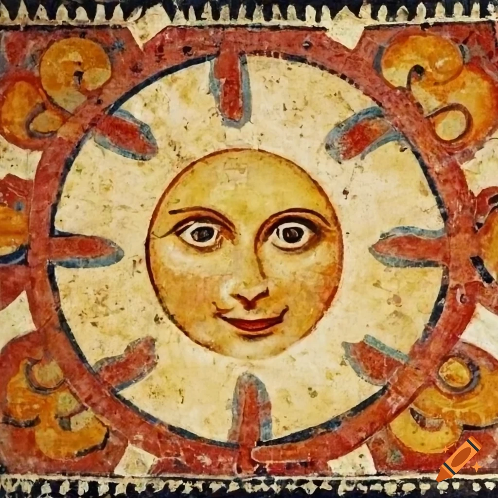 Smiling sun on album cover with romanesque fresco on Craiyon