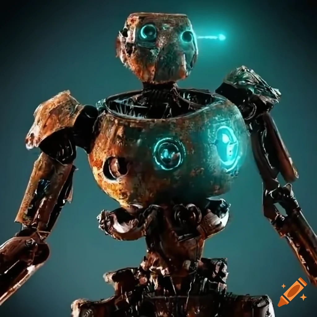 Rusted battle robot with giant slash and glowing core on Craiyon
