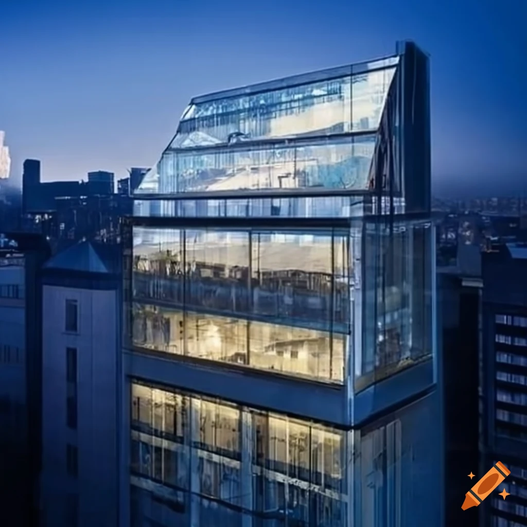 Glass facade office building with rooftop cafe on Craiyon