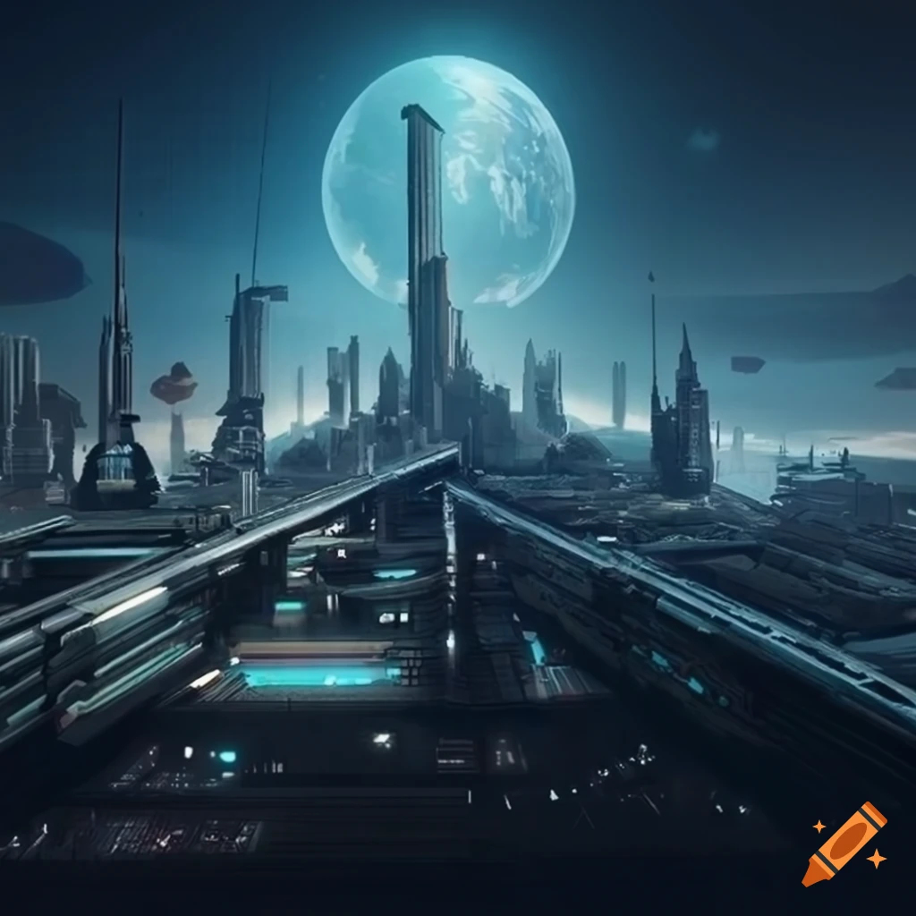 Futuristic city in a human colony on an alien planet, detailed illustration of futuristic ...