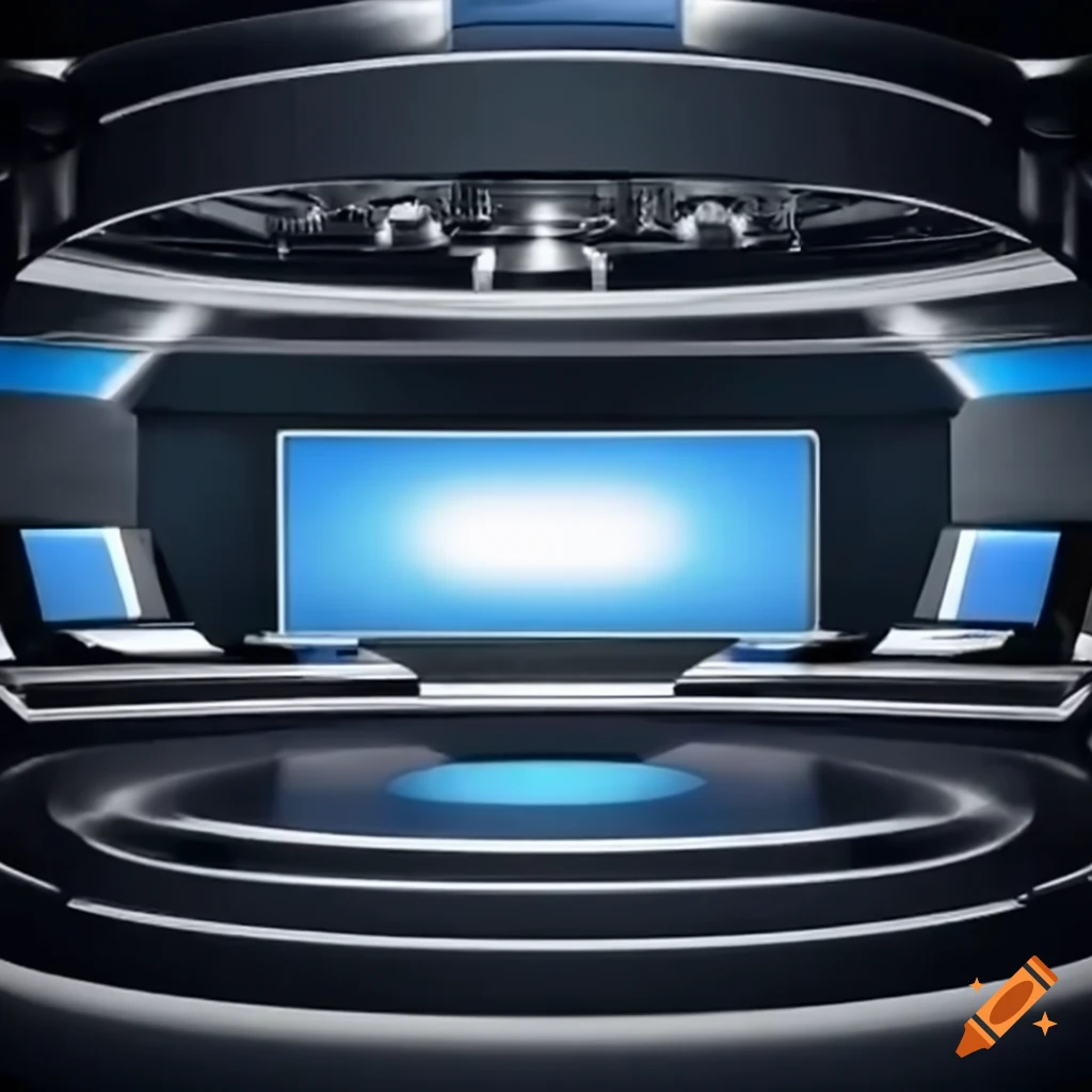 Futuristic empty television studio with desk and logo on Craiyon