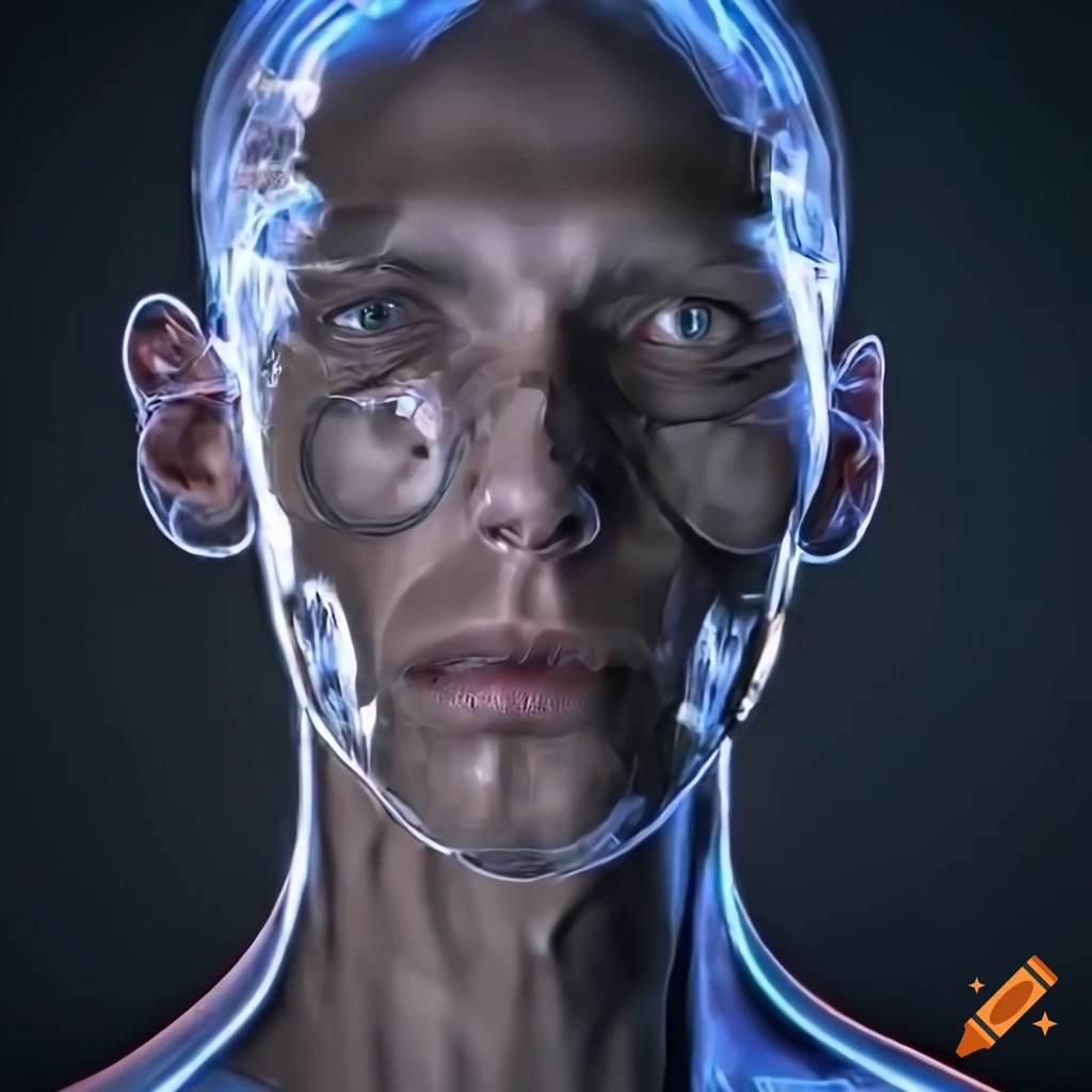 Transparent skinny glass male cyborg with white led lights on Craiyon