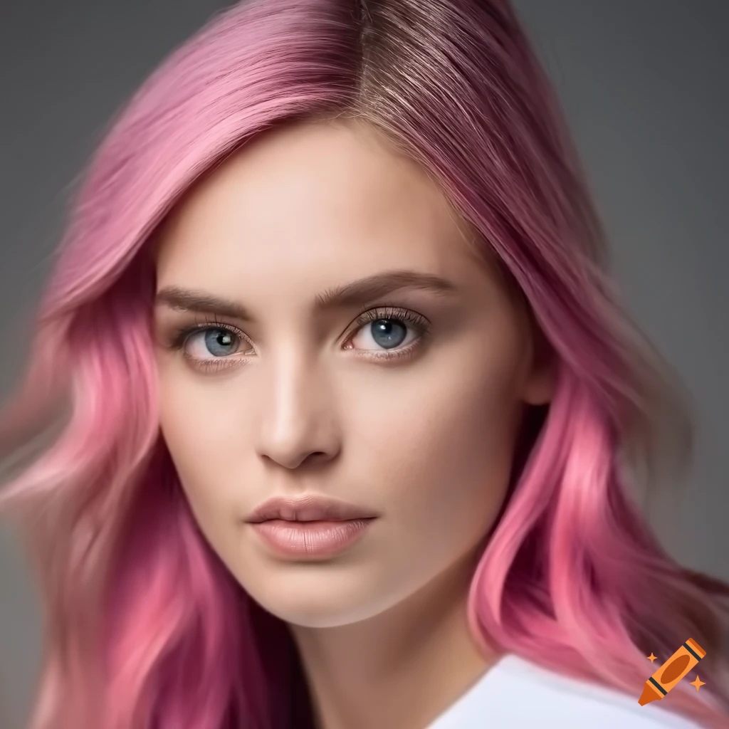 Portrait of a female model with white t-shirt and long wavy pink hair ...