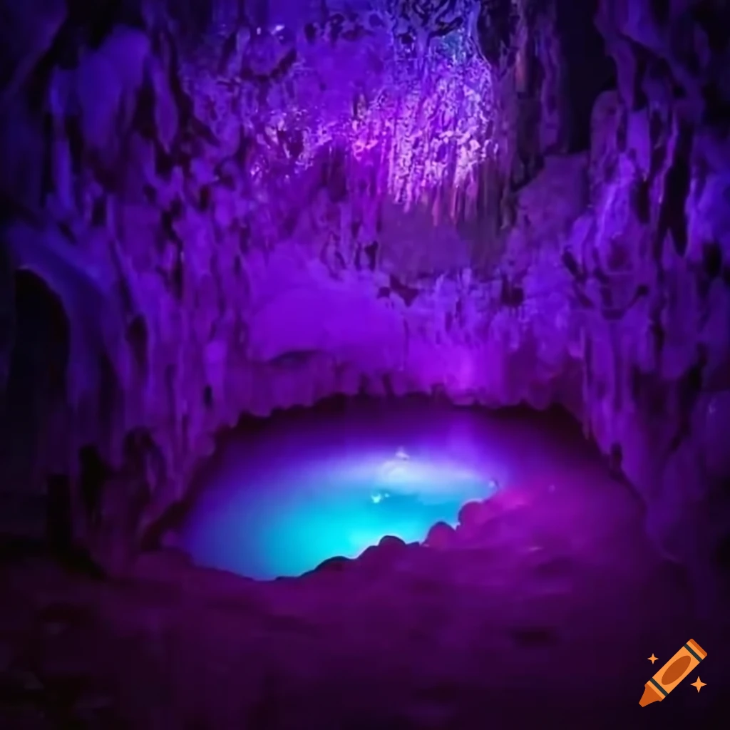 Pink and purple crystal cave with pool of water on Craiyon