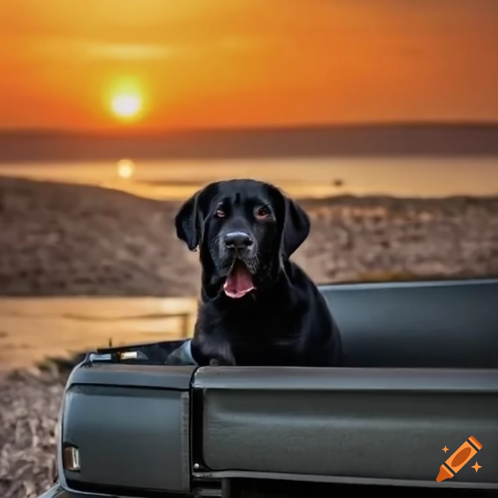 Black lab in pickup truck with sunset view on Craiyon