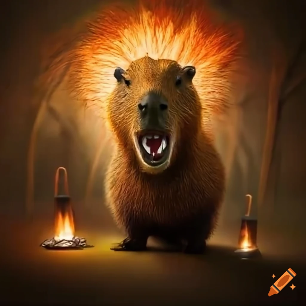 Large group of capybaras with forks and torches on Craiyon