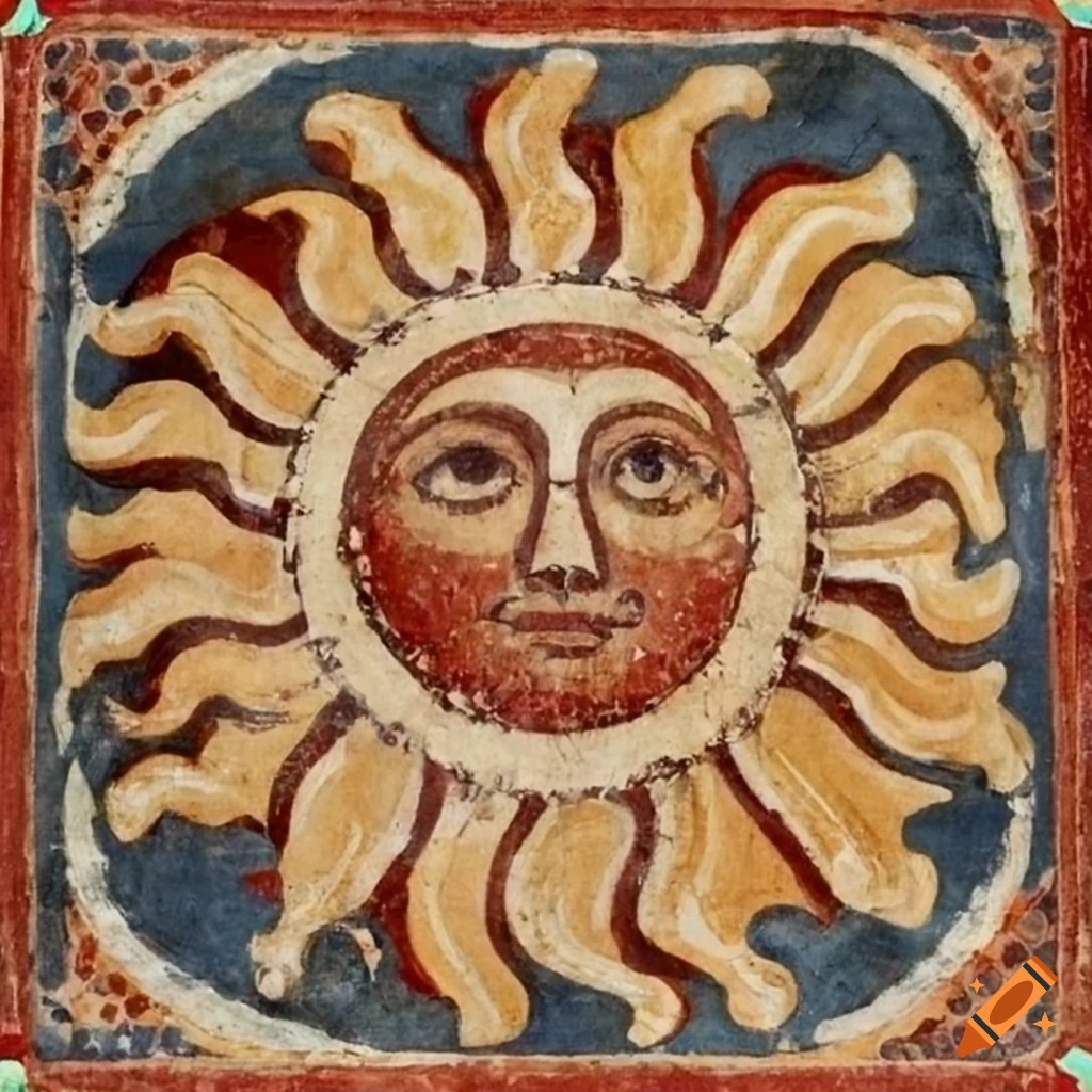 Smiling sun at the center of a romanesque fresco on an album cover on ...