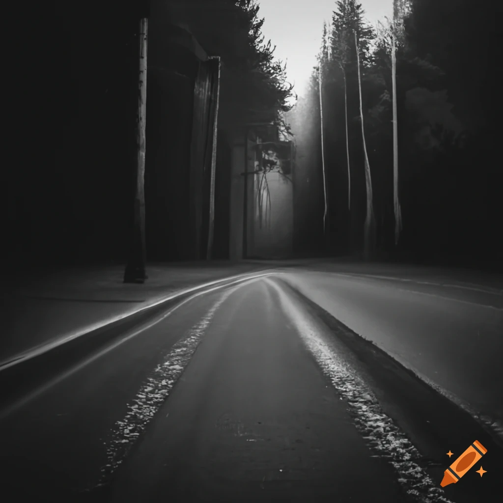 Eerie deserted road at night with a spooky atmosphere on Craiyon