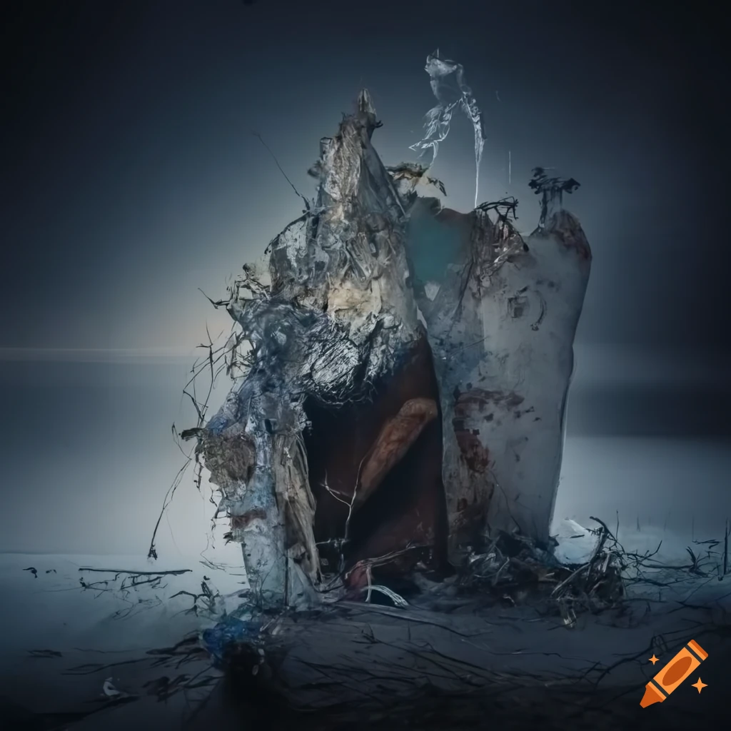 Person trapped in junk garbage web in a dramatic destroyed landscape on ...