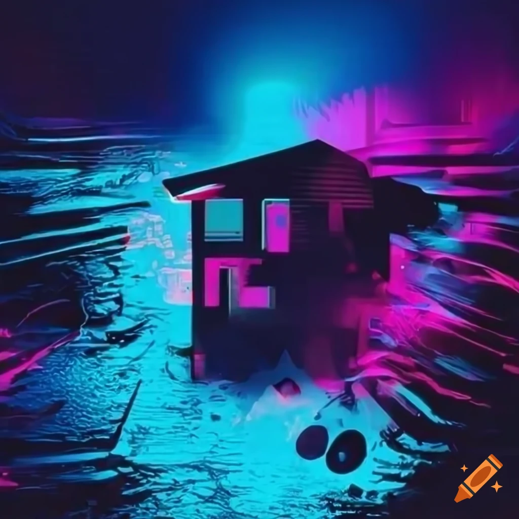 Modern graphic design of a house with electronic music in a neon-lit ...