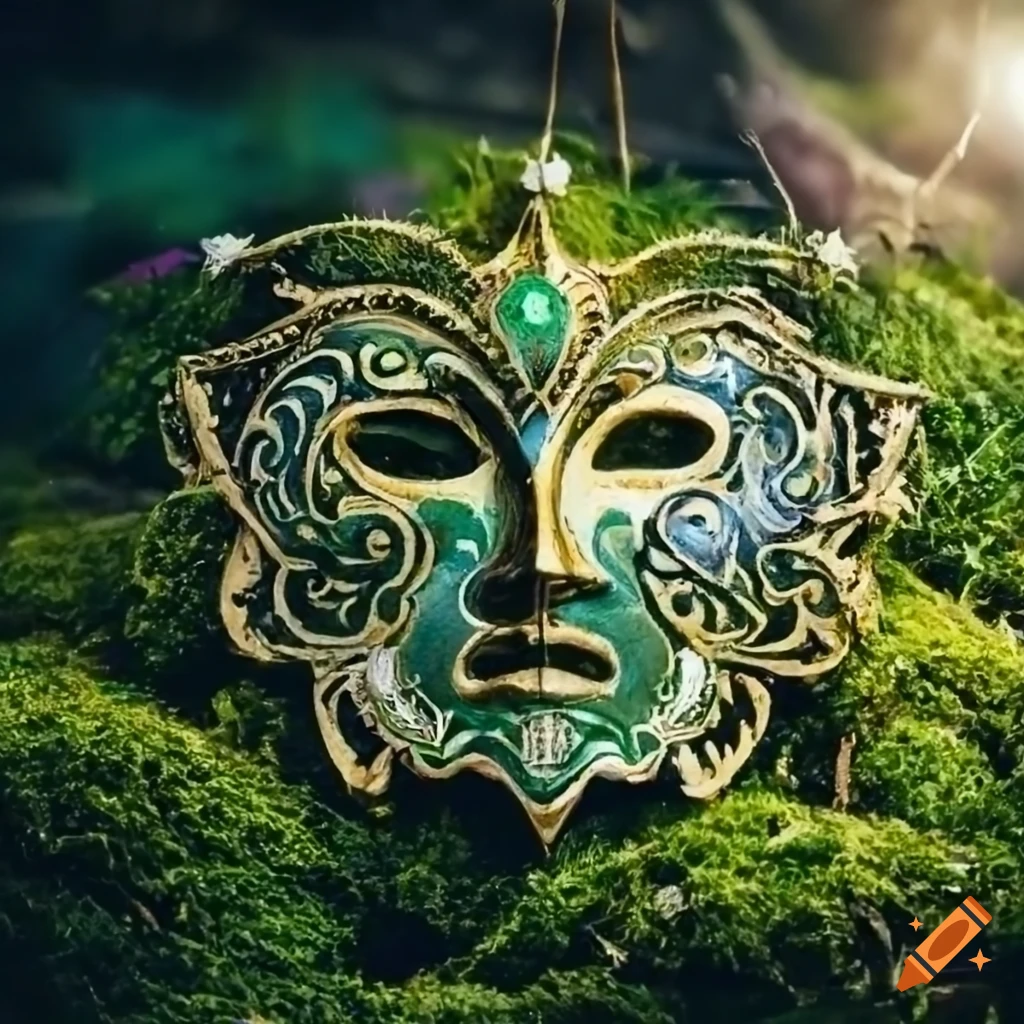 Magical mask made with petals, moss, logs, and luminous rocks in ...