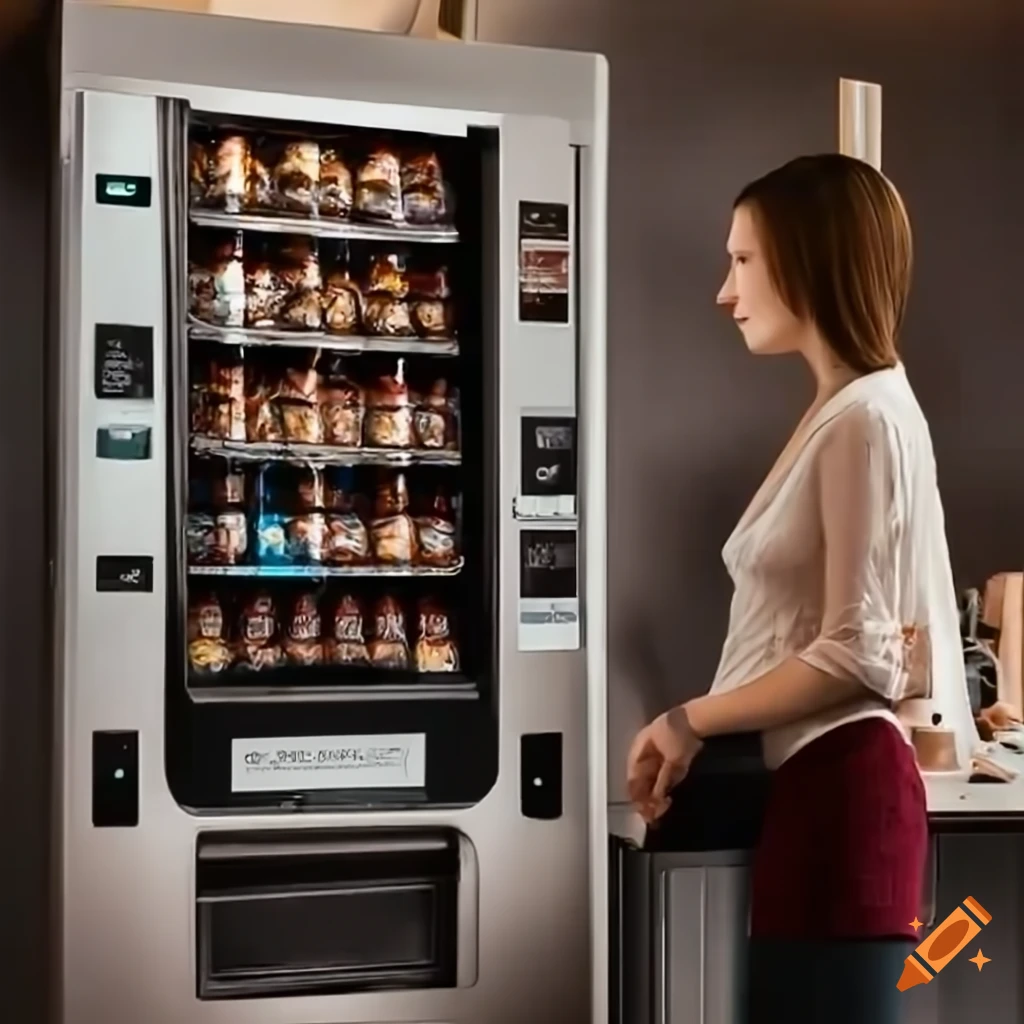 Coffee vending machine in a corporate office with a girl getting coffee ...