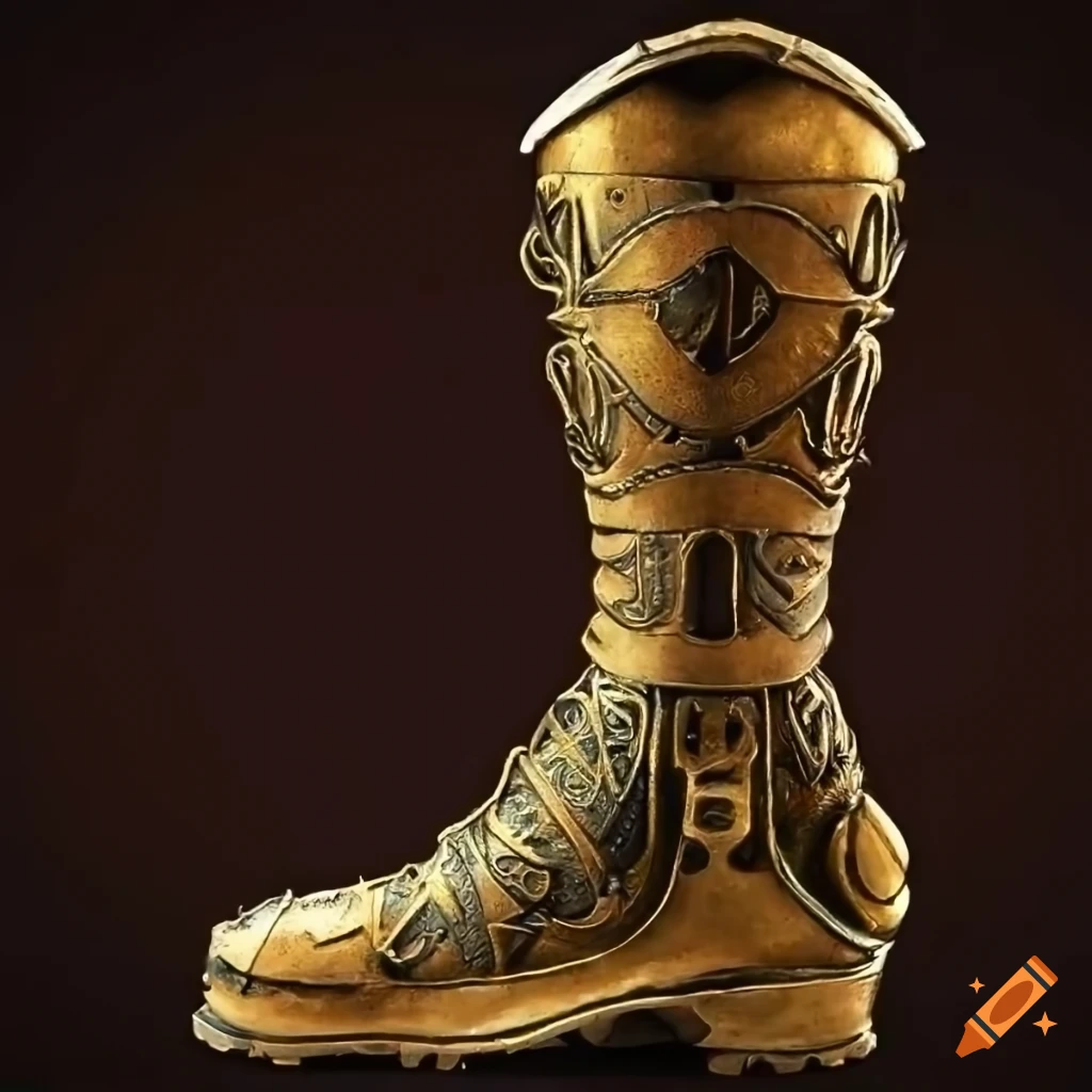 Brass medieval geometric boots with fiery runes on Craiyon